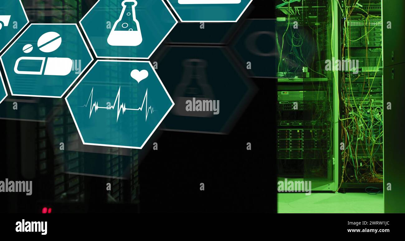Image of multiple medical icons against computer server room Stock ...