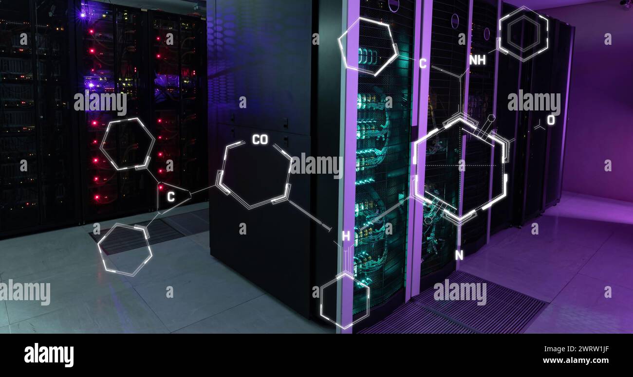 Image of chemical structures floating against computer server room ...