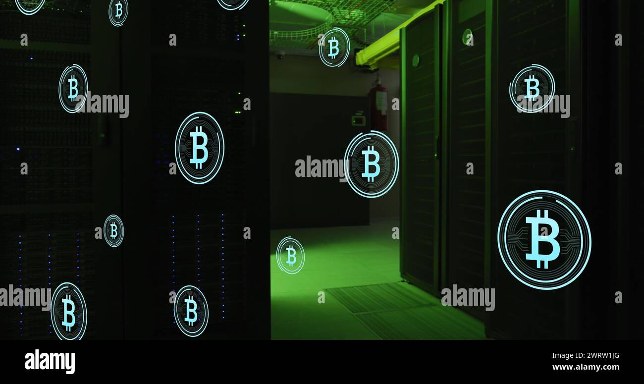 Image of multiple bitcoin symbols floating against computer server room ...