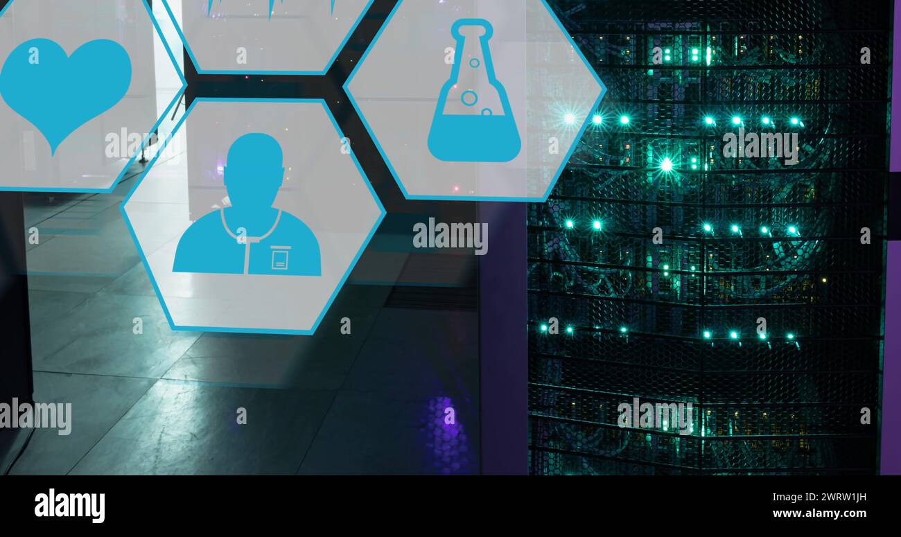 Image of multiple medical icons against computer server room Stock Photo - Alamy