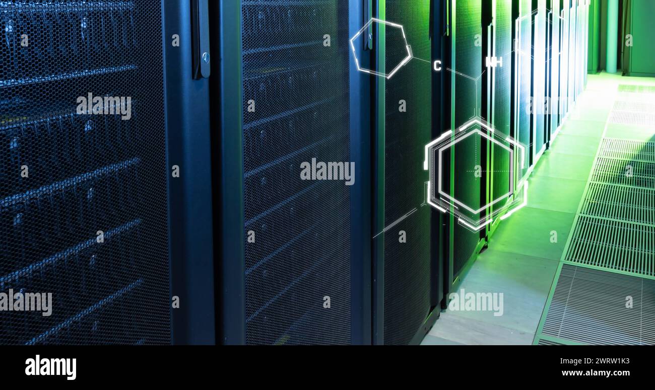Image of chemical structures floating against computer server room ...