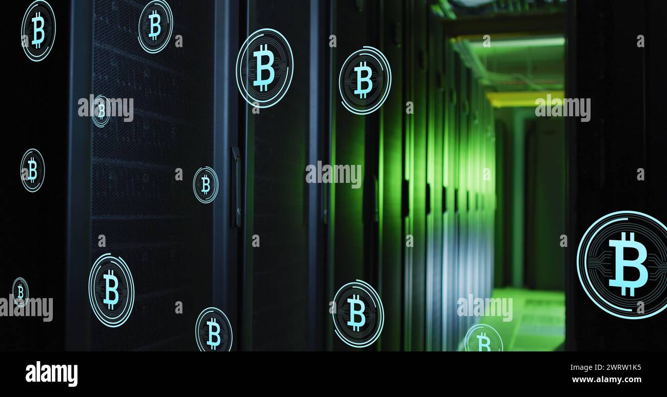 Image of multiple bitcoin symbols floating against computer server room ...