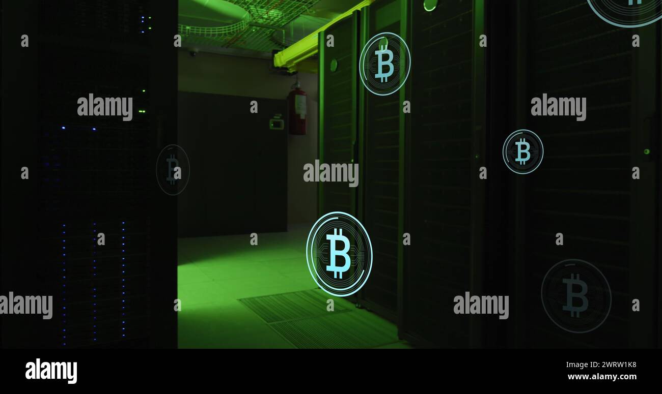 Image of multiple bitcoin symbols floating against computer server room ...