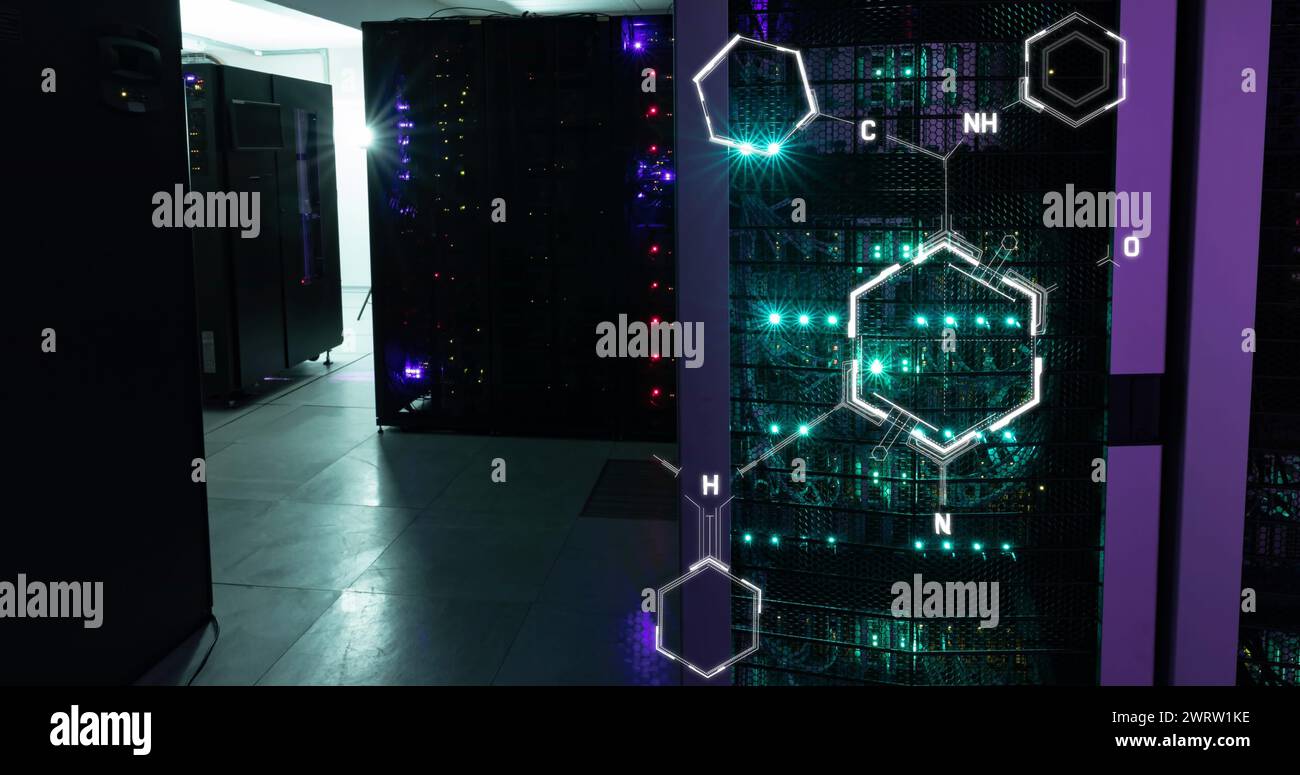 Image of chemical structures floating against computer server room ...