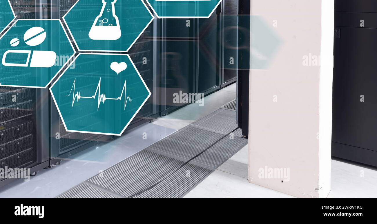 Image of multiple medical icons against computer server room Stock ...