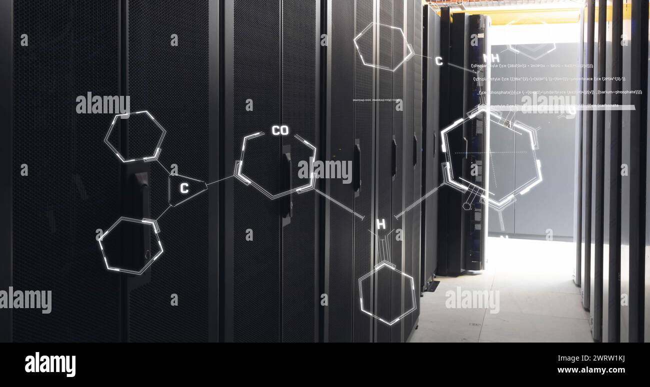Image of chemical structures floating against computer server room ...