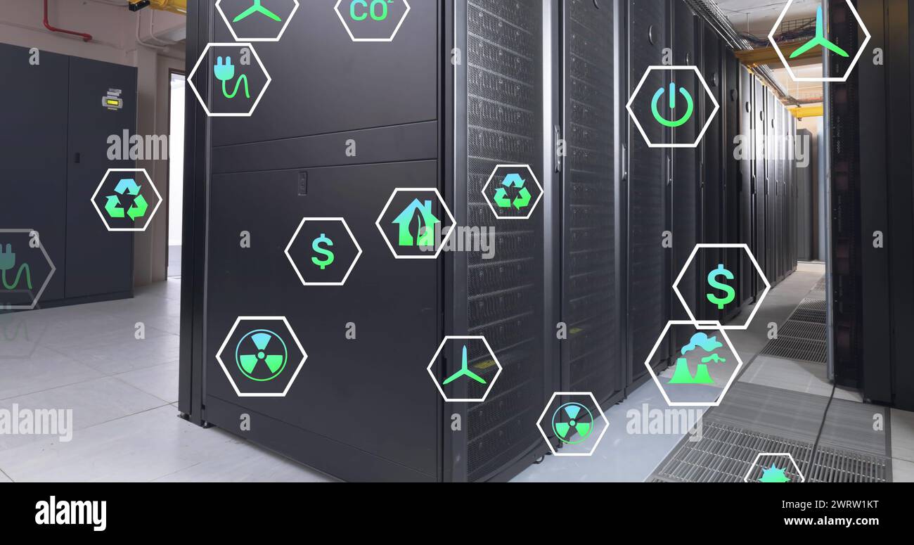 Image of multiple digital icons floating against computer server room Stock Photo - Alamy