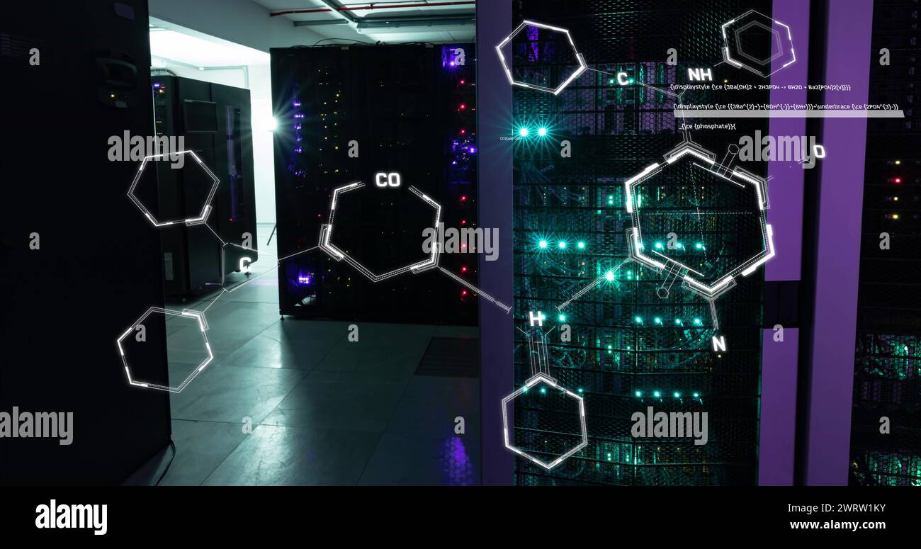 Image of chemical structures floating against computer server room ...