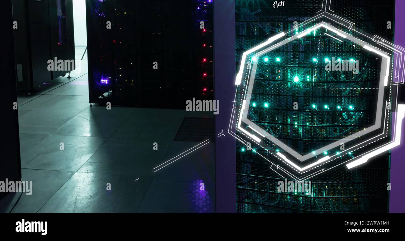 Image of chemical structures floating against computer server room ...