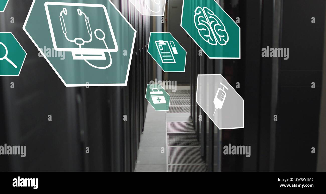 Image of multiple medical icons against computer server room Stock ...