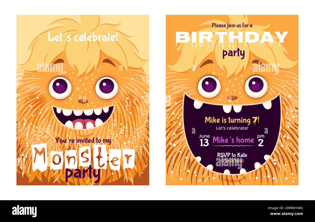Monster party invitation set. Happy Birthday greeting cards Stock ...