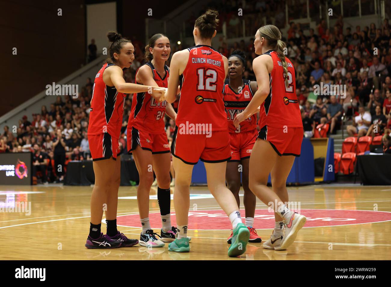 Perth, Australia. 14th Mar, 2024. Lynx players huddle during the WNBL ...