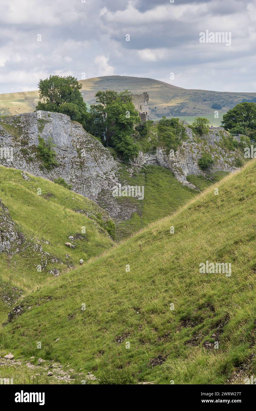 Rugged landscape of limestone near Peveril Castle Castleton and Winnats ...