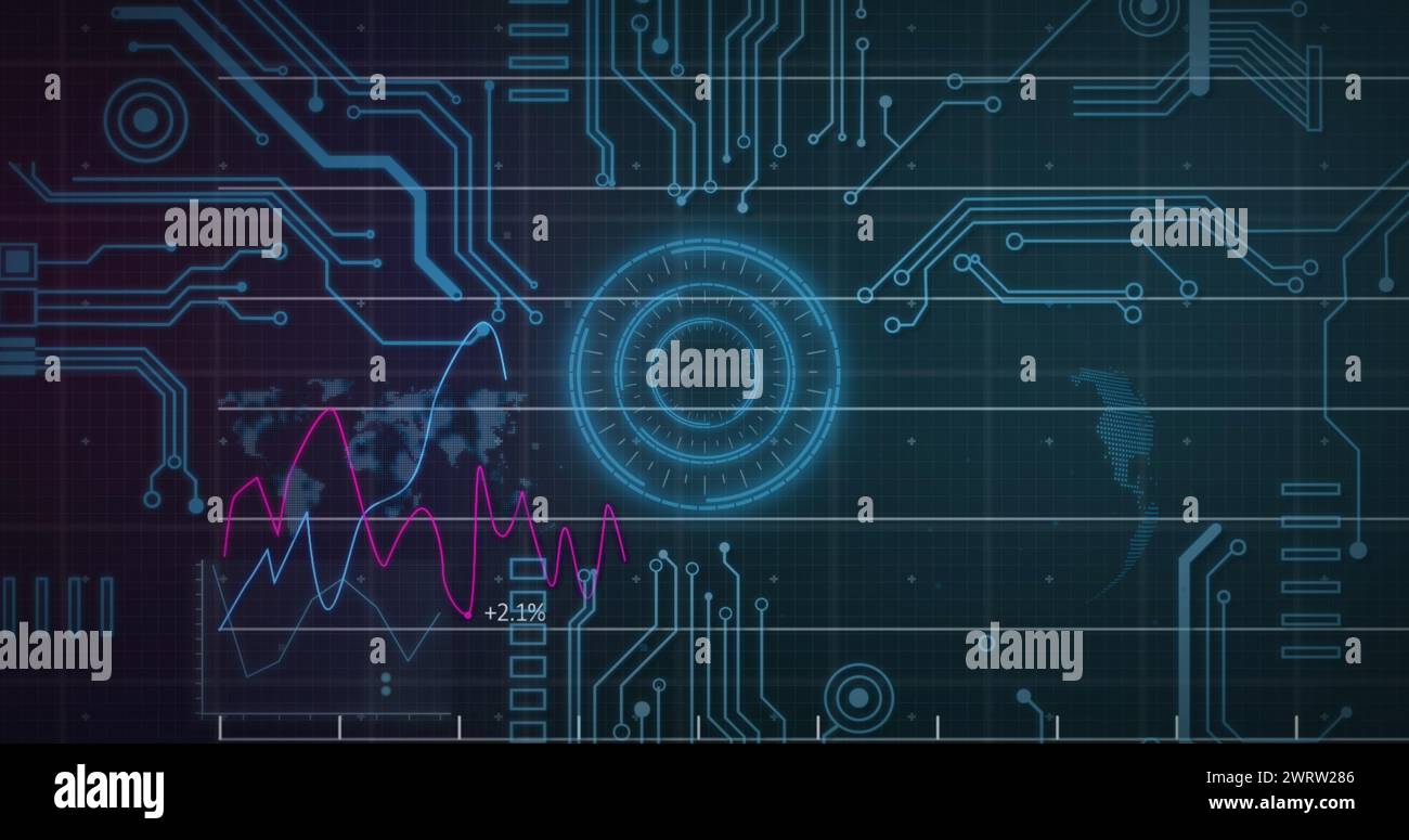 Image of graphs and circles over circuit board pattern and globe against blue background Stock ...