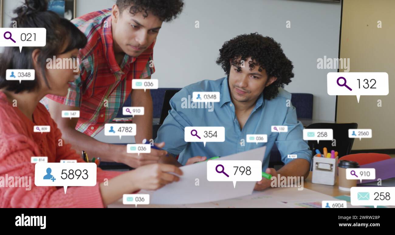 Image of notification bars over diverse architects preparing blueprint ...