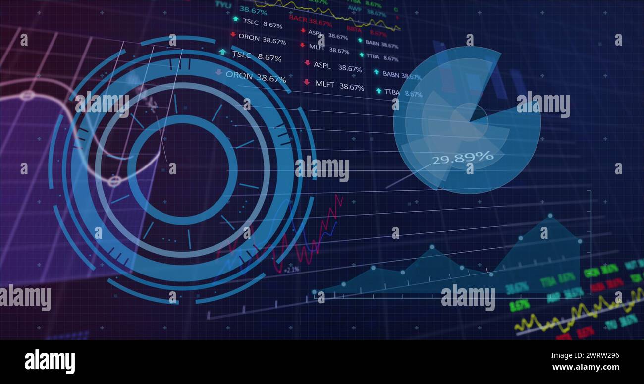 Image of circles over multiple graphs, trading board against abstract background Stock Photo - Alamy
