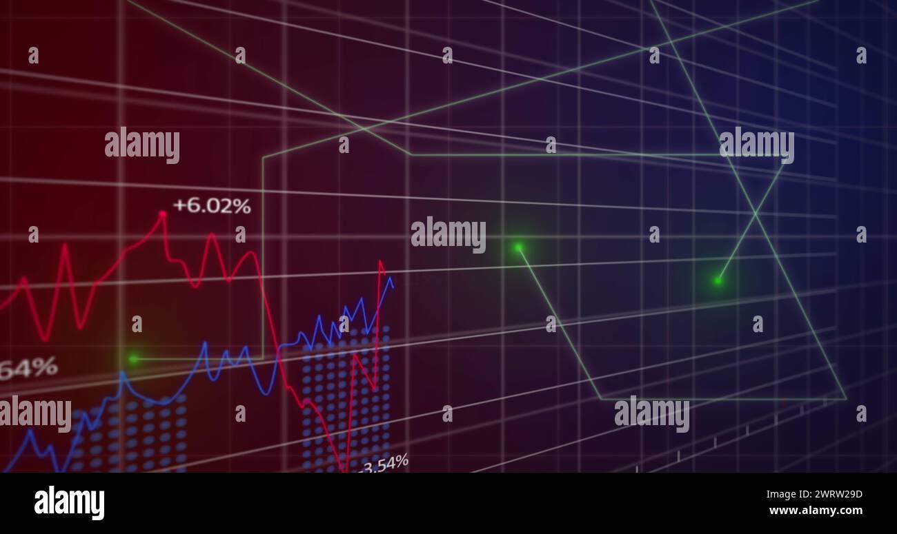 Image of grid pattern over moving lines and multiple graphs with numbers on black background ...