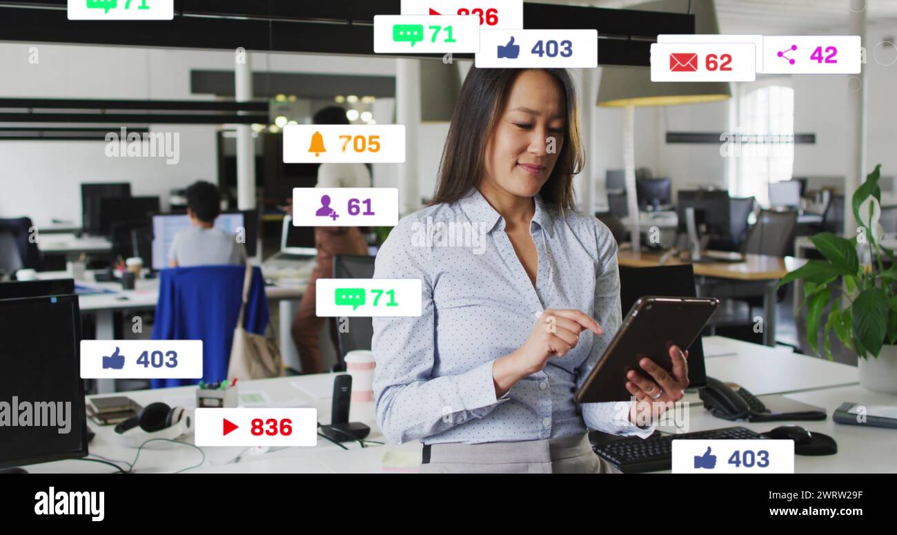 Image of notification bars over smiling asian woman scrolling on ...