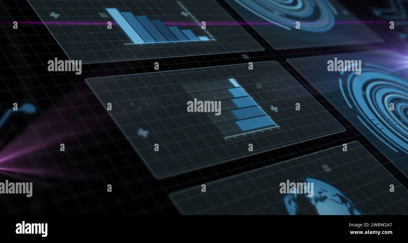 Image of graphs, loading circles and circuit board pattern over black background Stock Photo - Alamy