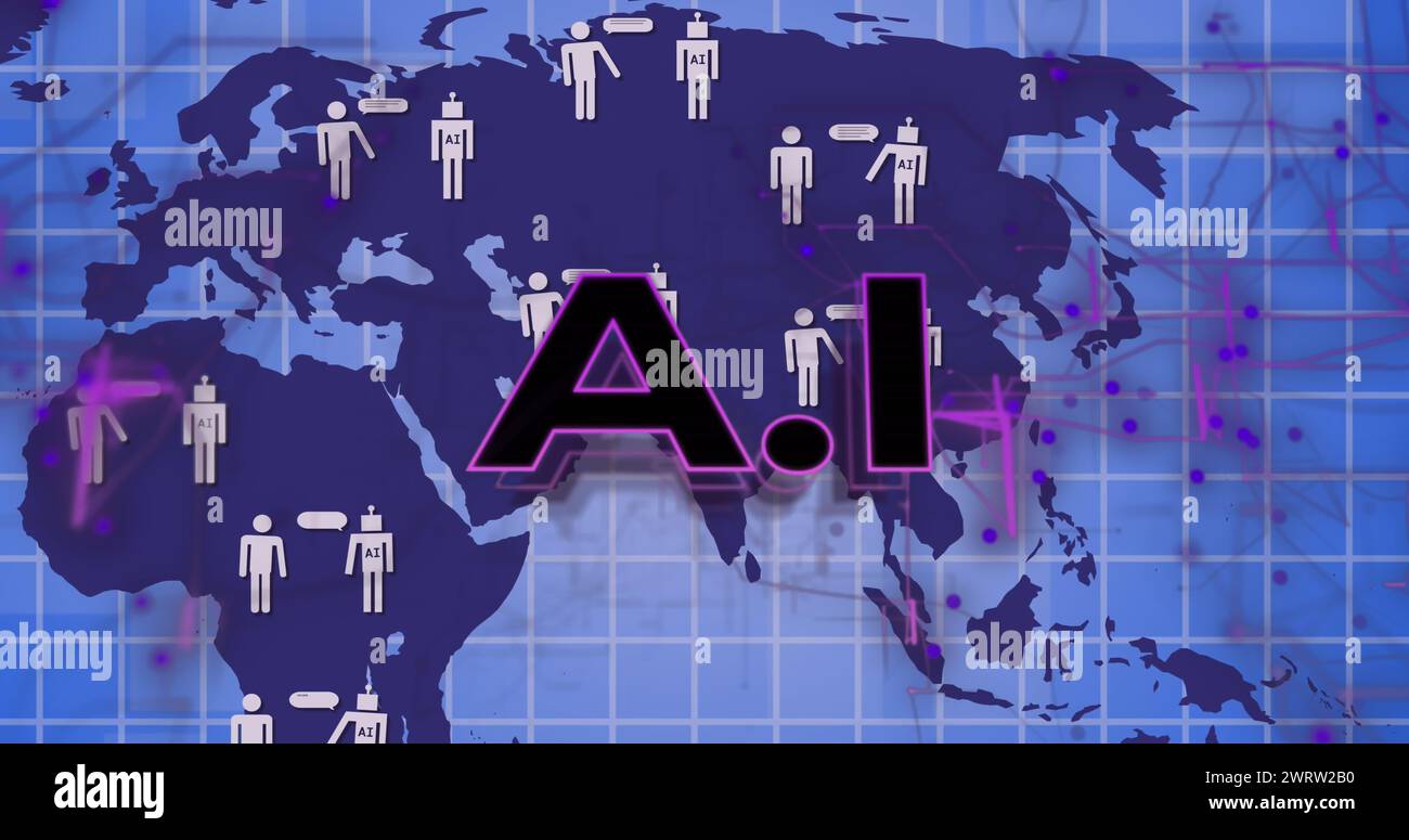 Image of ai data processing over world map and dark background Stock ...