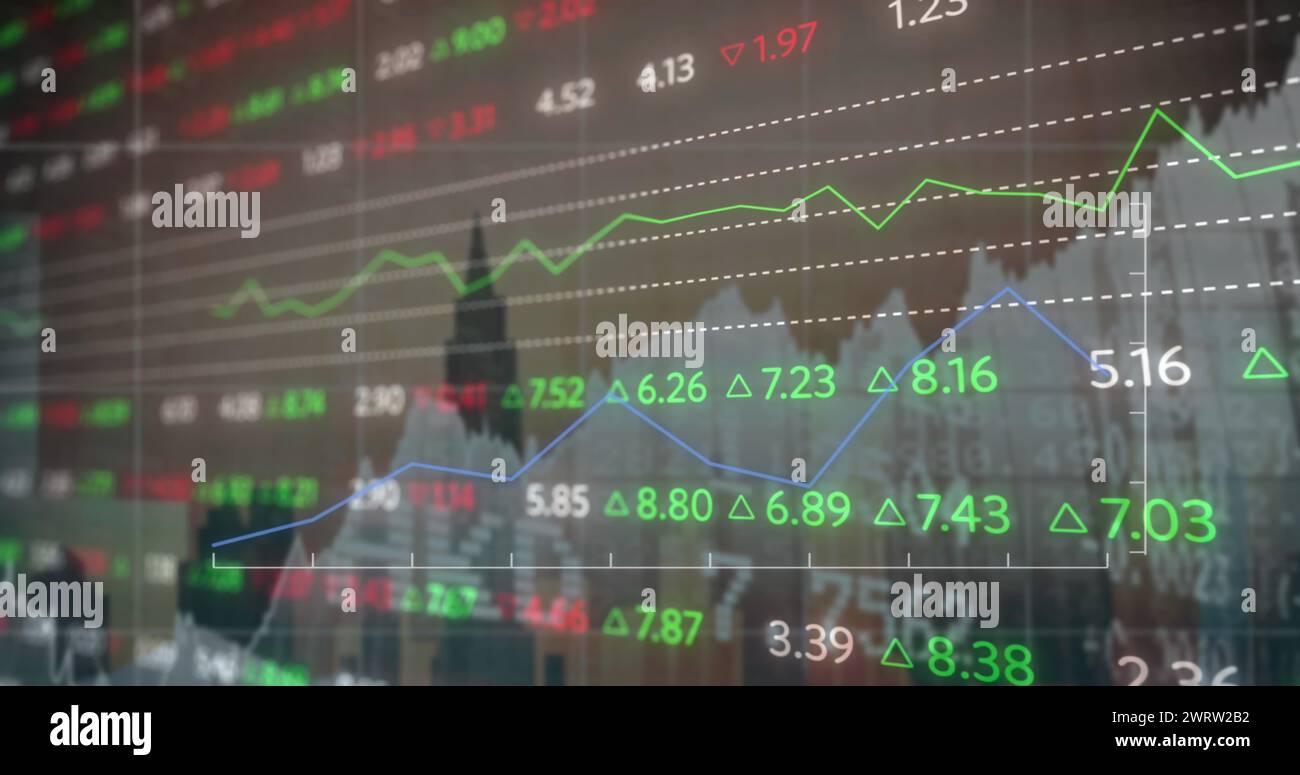Image of trading board over lines and graph against buildings in ...