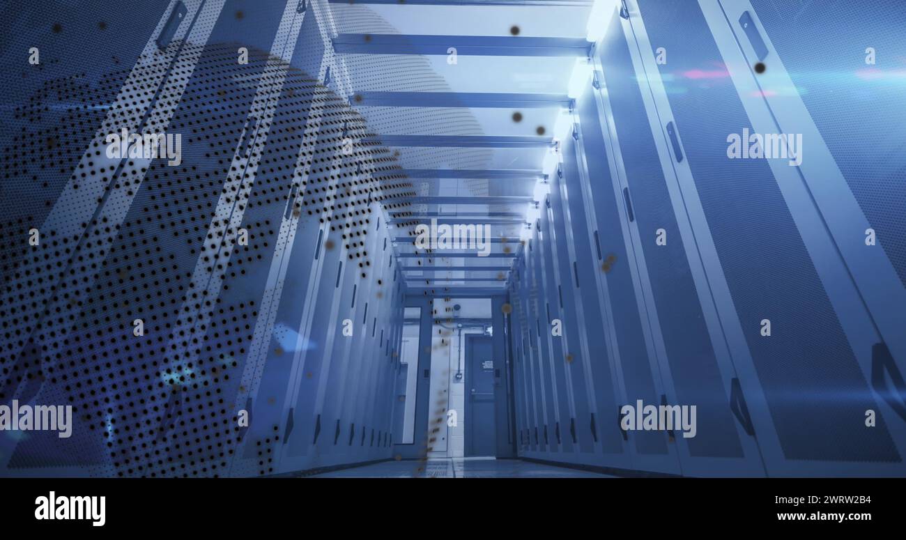 Image of spinning globe, data processing and light spots against computer server room Stock ...