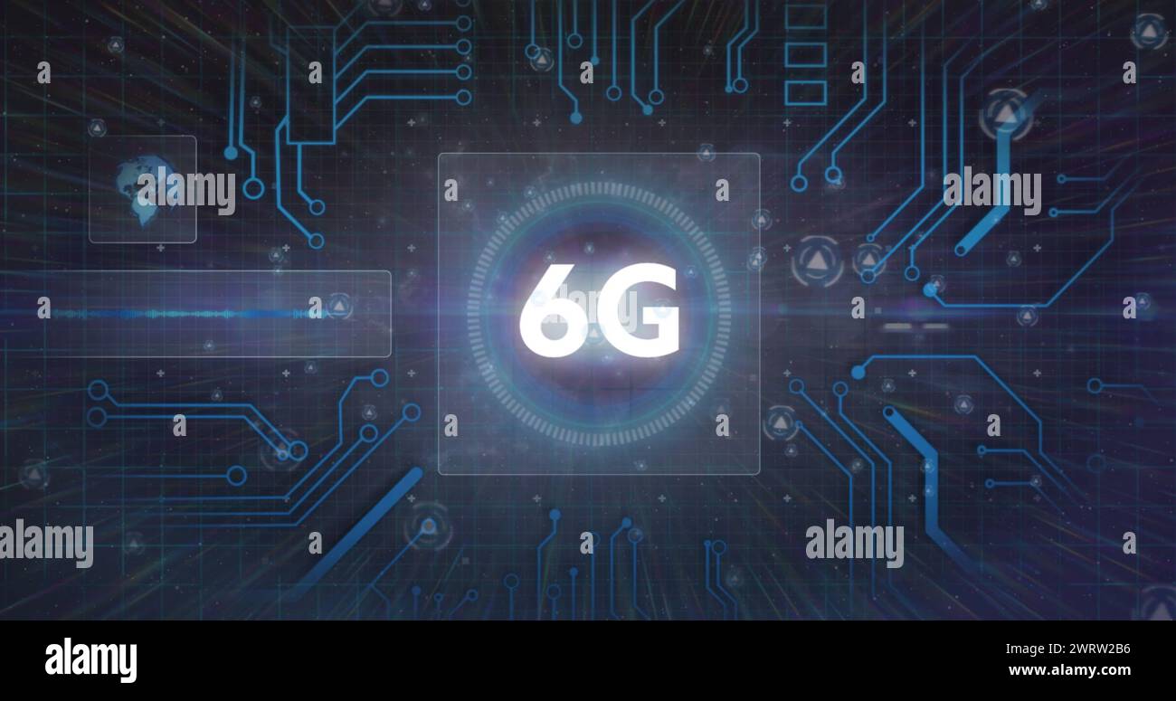 Image of 6g text in circles, glove, soundwave and circuit board pattern over abstract background ...
