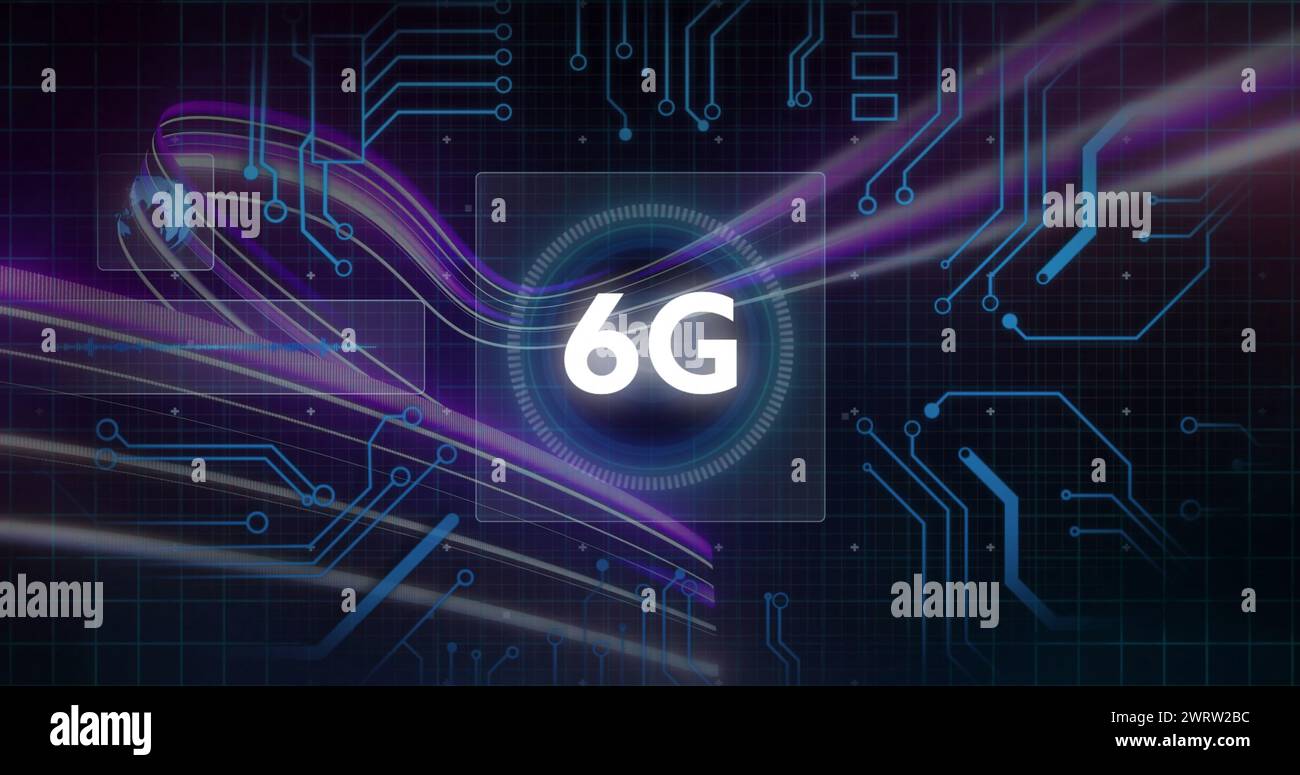 Image of 6g text, globe, circuit board pattern over abstract background ...
