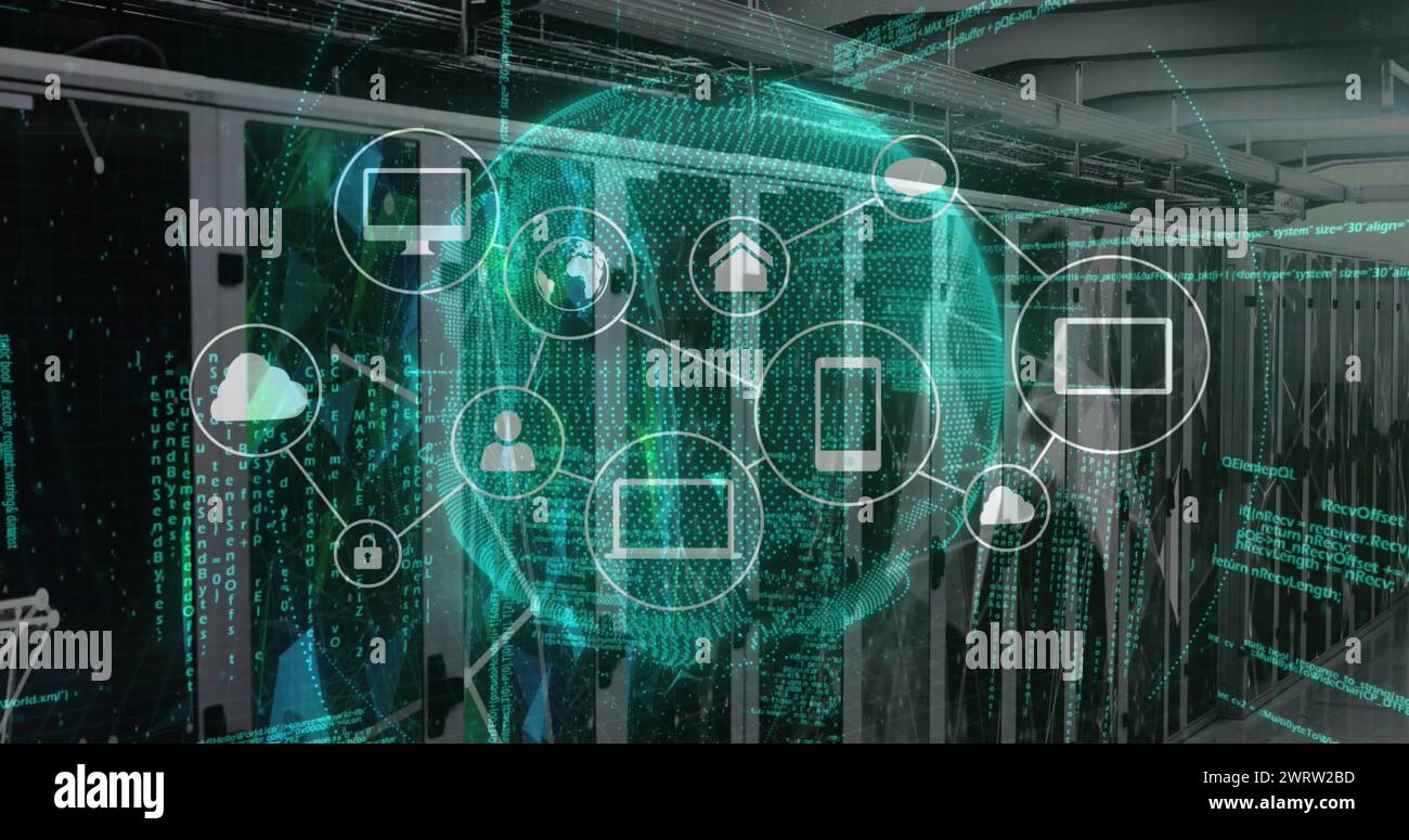 Image Of Network Of Digital Icons Globe Of Plexus Networks Data Processing Against Server Room 5234