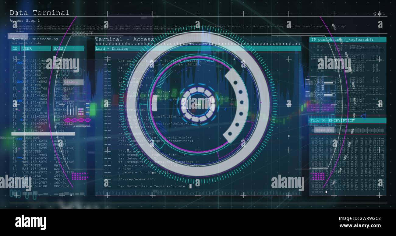 Image Of Circles Over Computer Language And Old Computer Interface