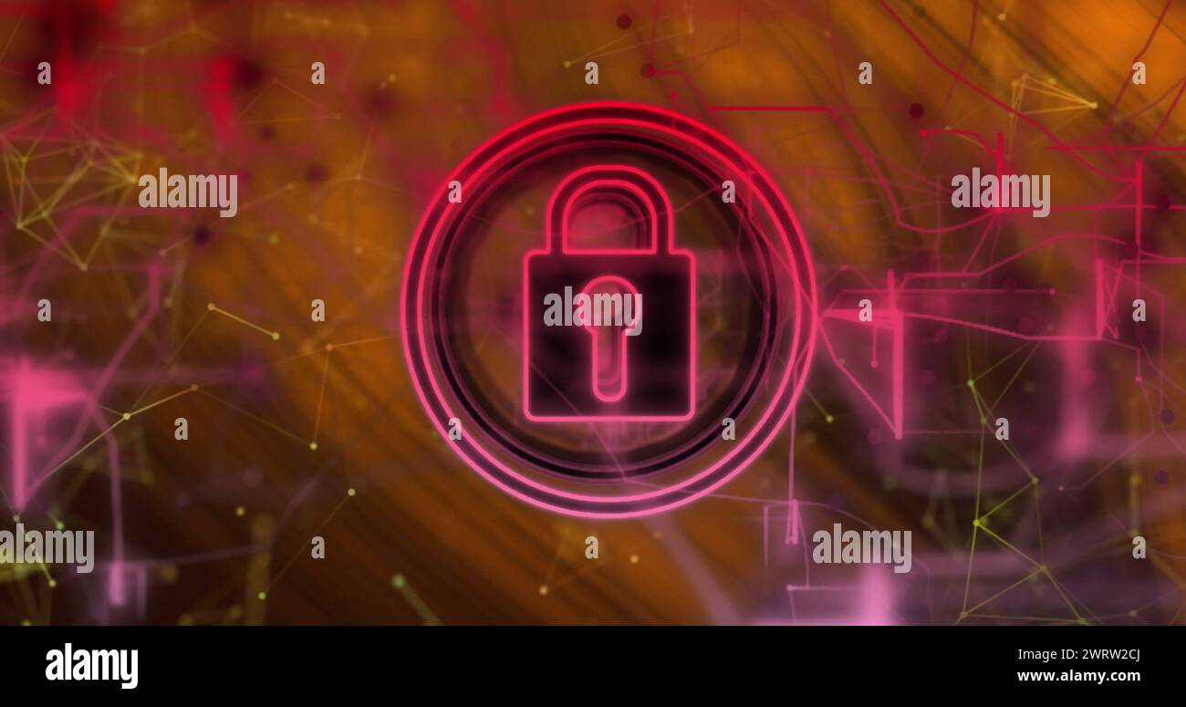 Image of padlock in circles, navigation pattern and connected dots over abstract background ...