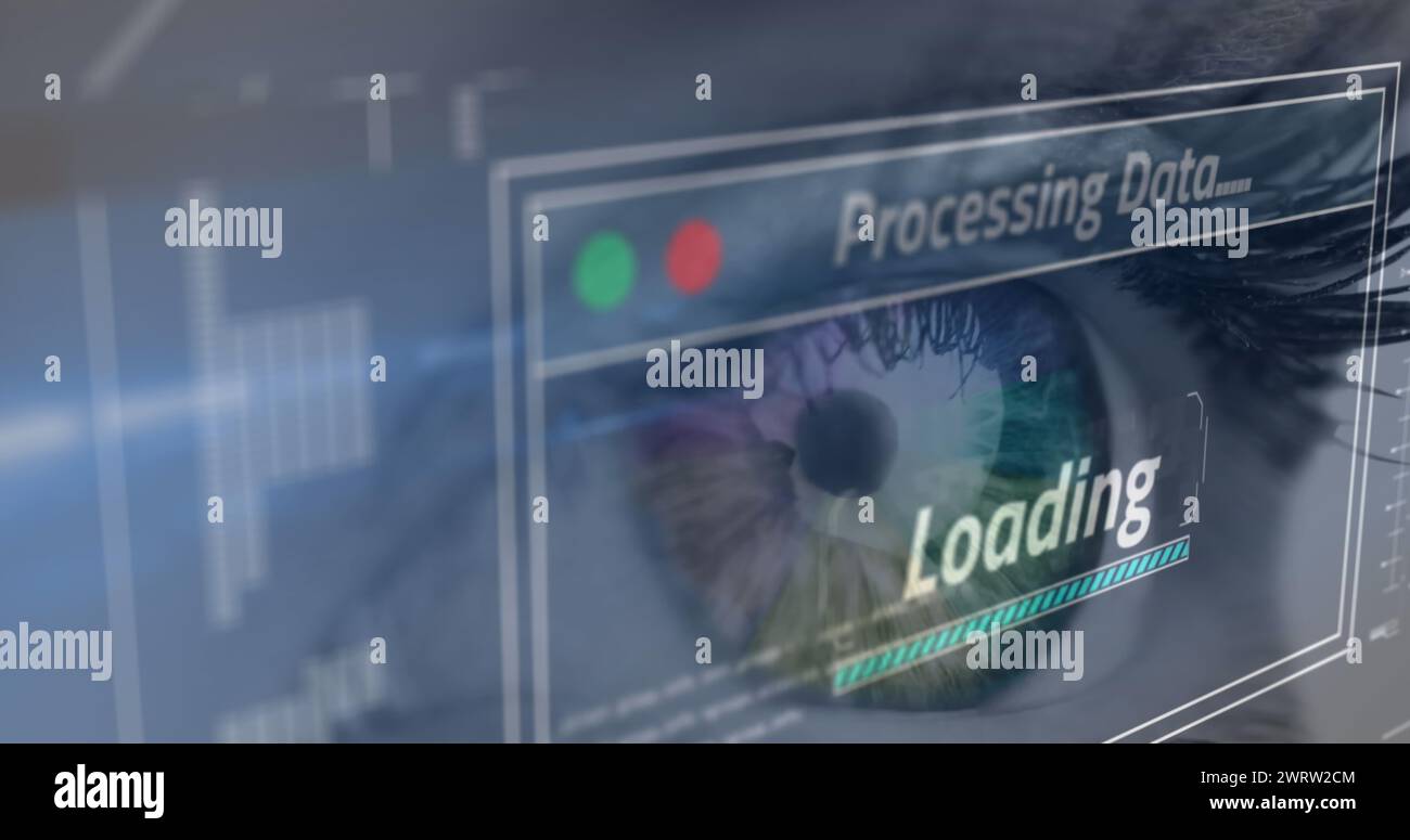 Image of interface with data processing against close up of a female ...