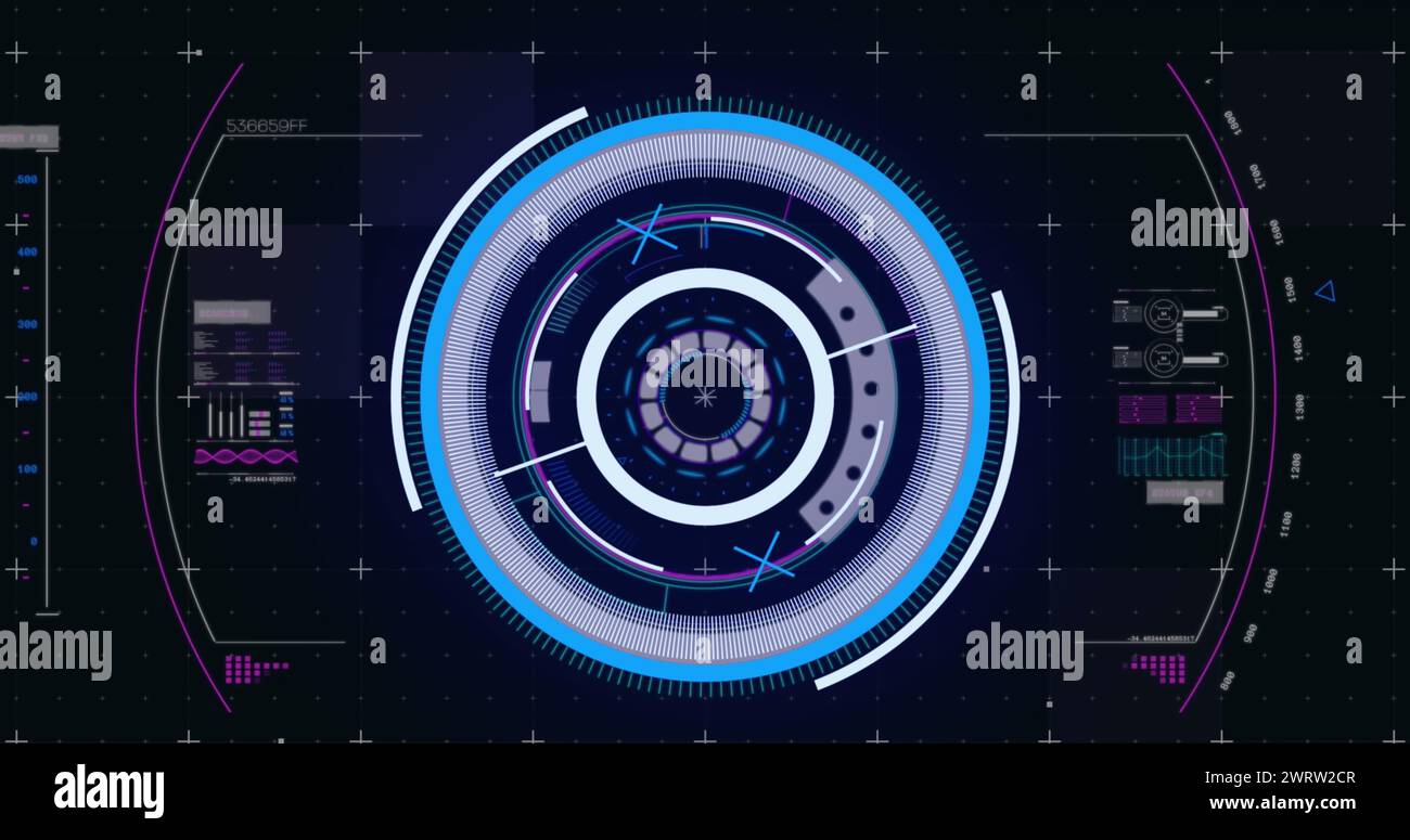 Image of scope scanning over neon round scanner and data processing against black background ...