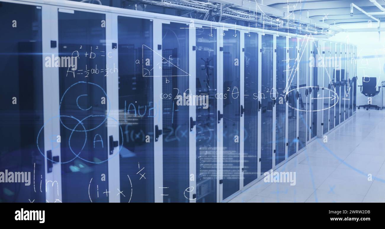 Image of mathematical equations floating against computer server room ...