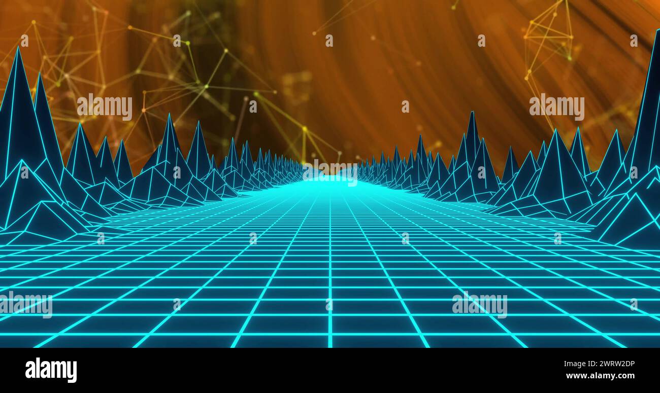 Image of 3d model of mountains on grid pattern over connected dots ...