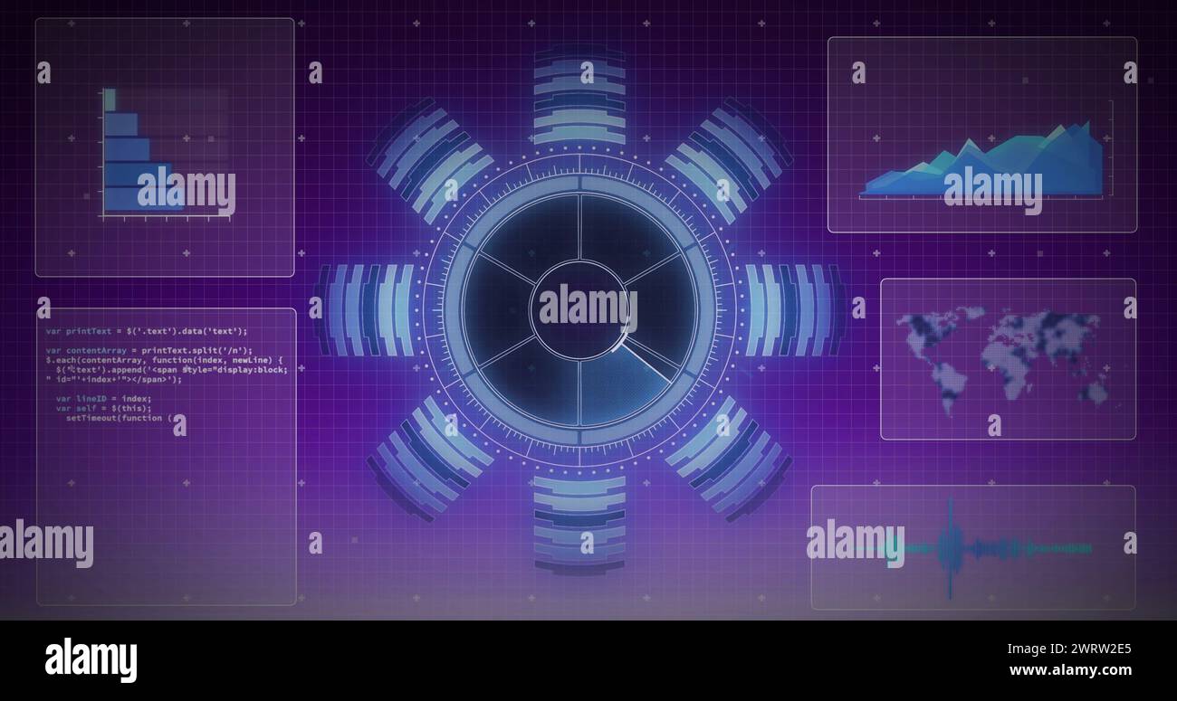 Image of geometric shapes over sonar in arc reactor, graph, map ,soundwaves, computer language ...