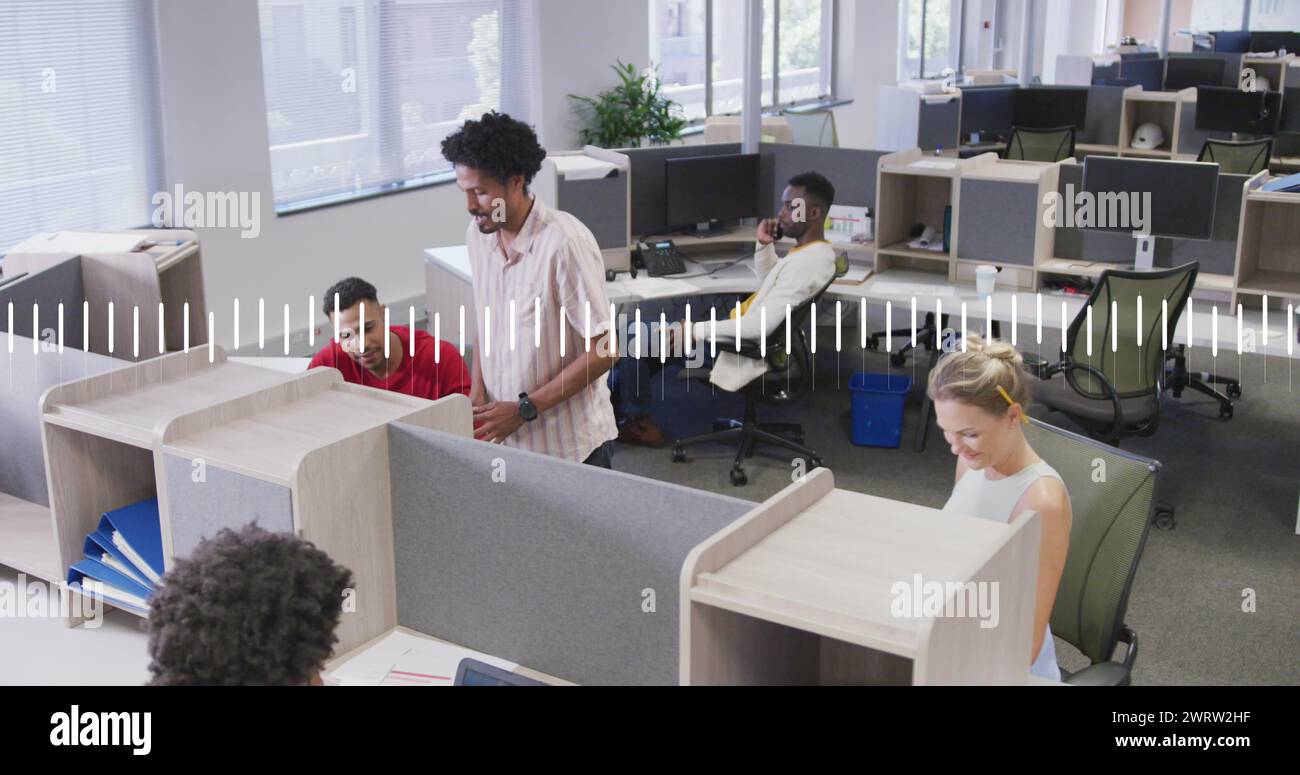 Image of lines forming graph over diverse coworkers discussing on desk ...