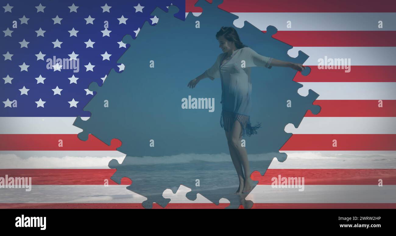 Image of American flag waving with jigsaw puzzles revealing woman ...