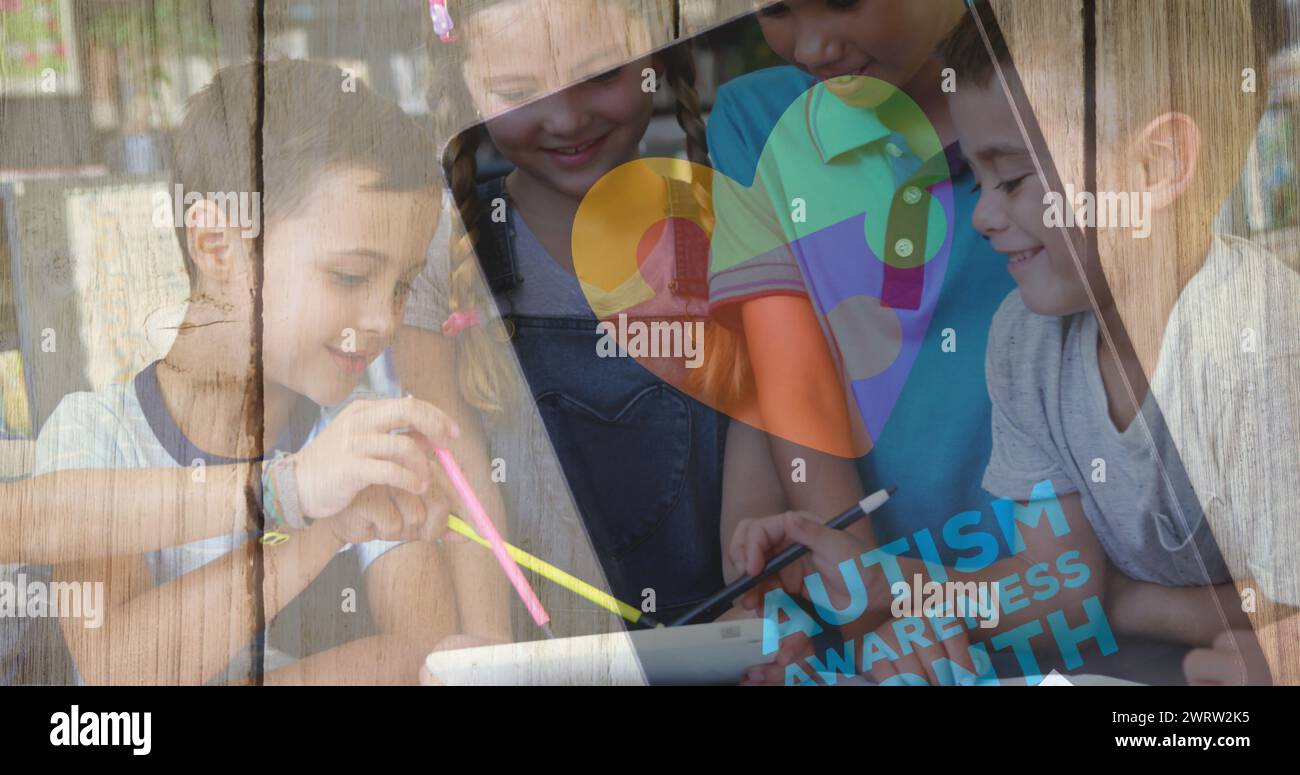 Image of colourful puzzle pieces and heart over kids friends using ...