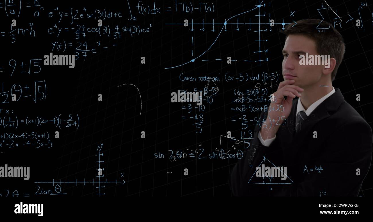 Image of caucasian businessman over mathematical equations on black ...