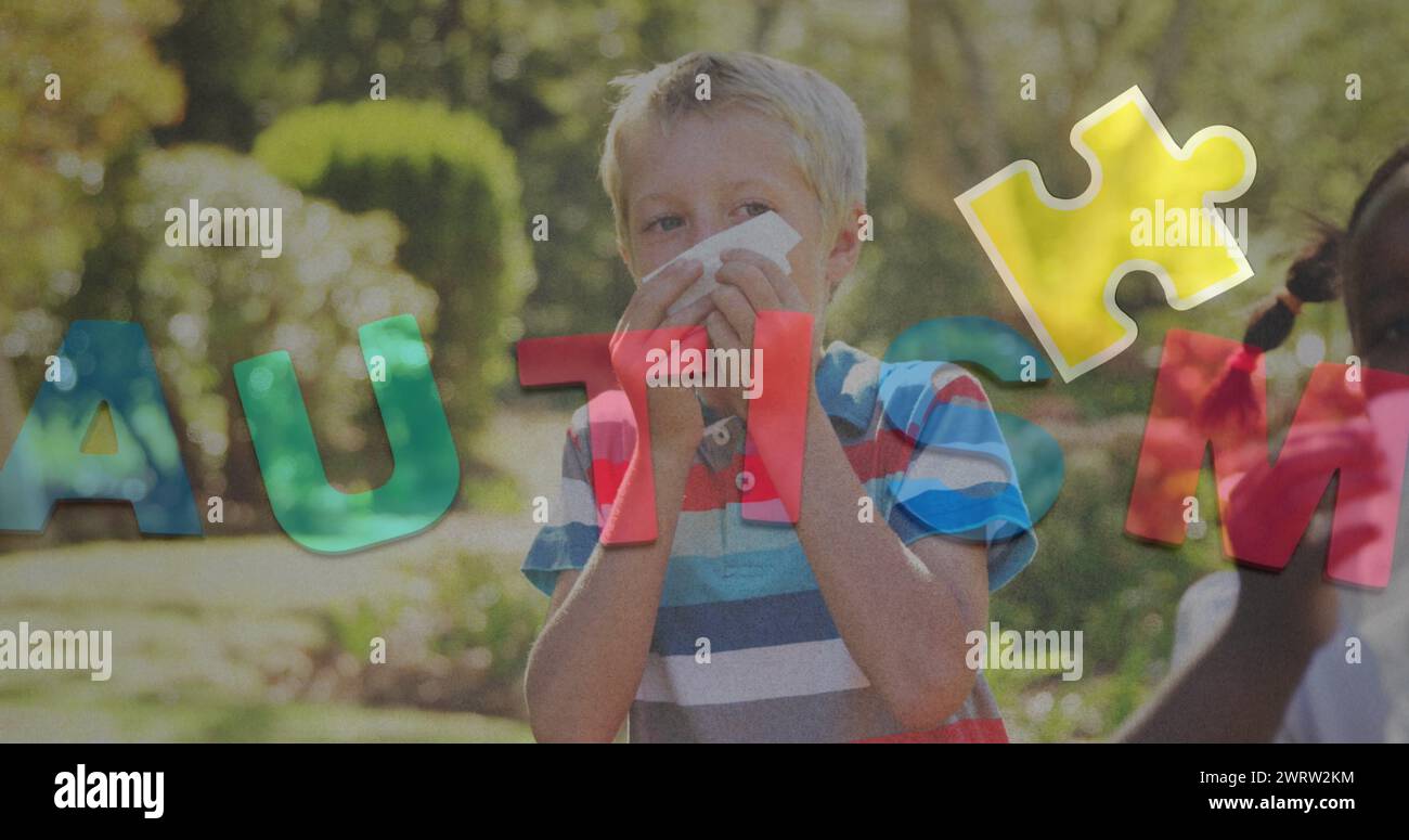 Image of colourful puzzle pieces and autism text over kids friends ...
