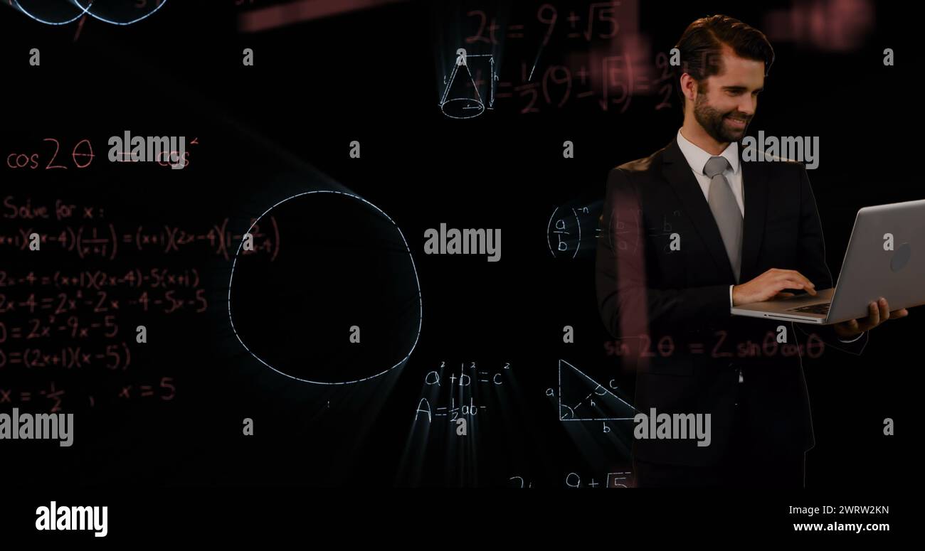Image of caucasian businessman over mathematical equations on black ...