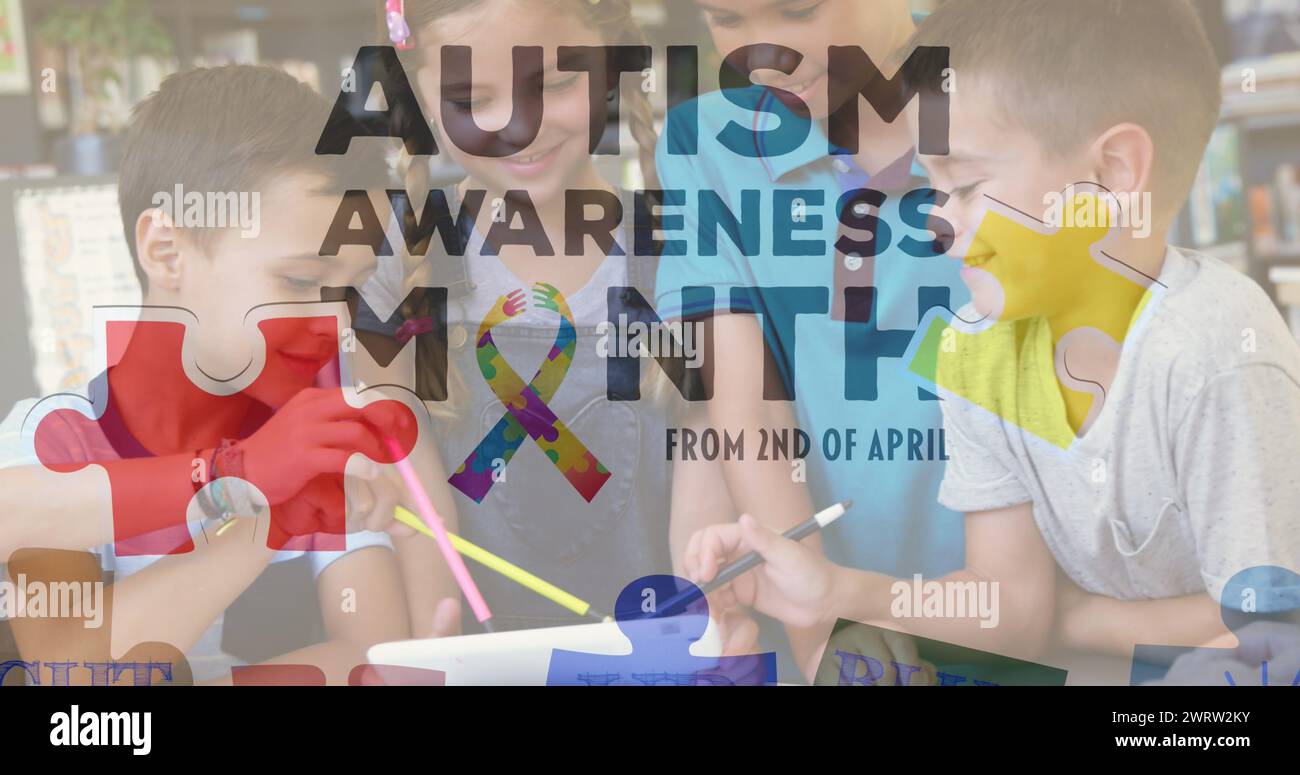 Image of colourful puzzle pieces and autism text over kids friends ...