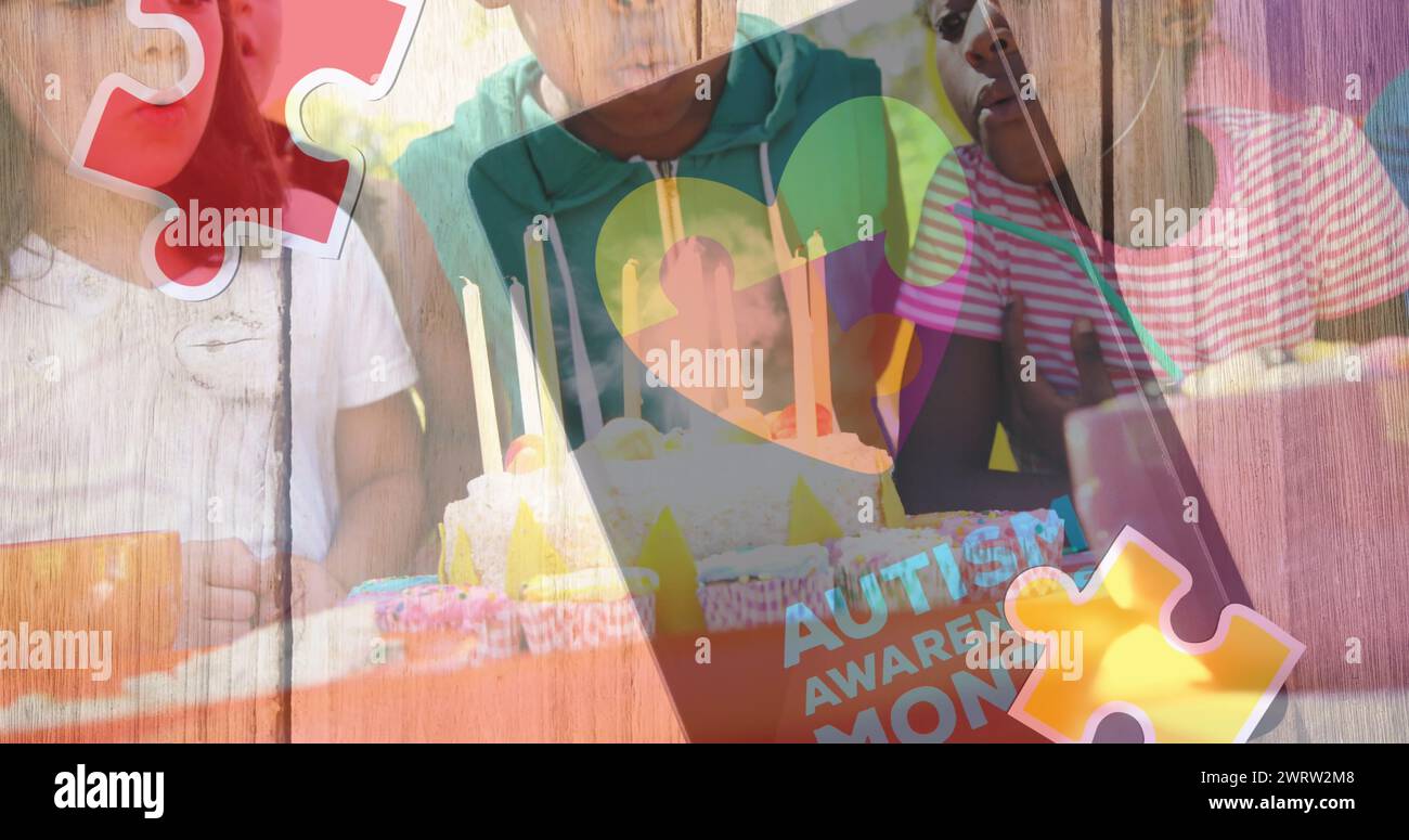 Image of colourful puzzle pieces and autism text over kids on birthday ...