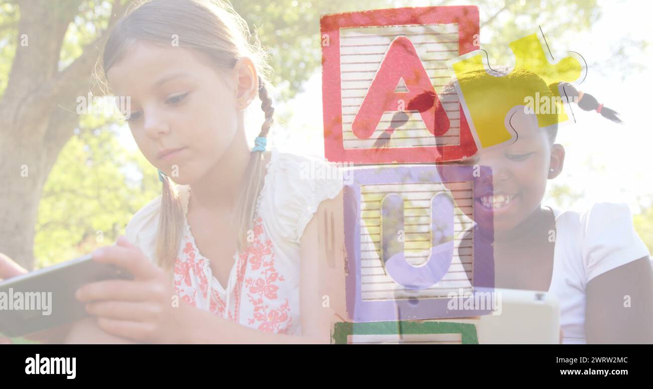 Image of colourful puzzle pieces and blocks over kids friends using ...