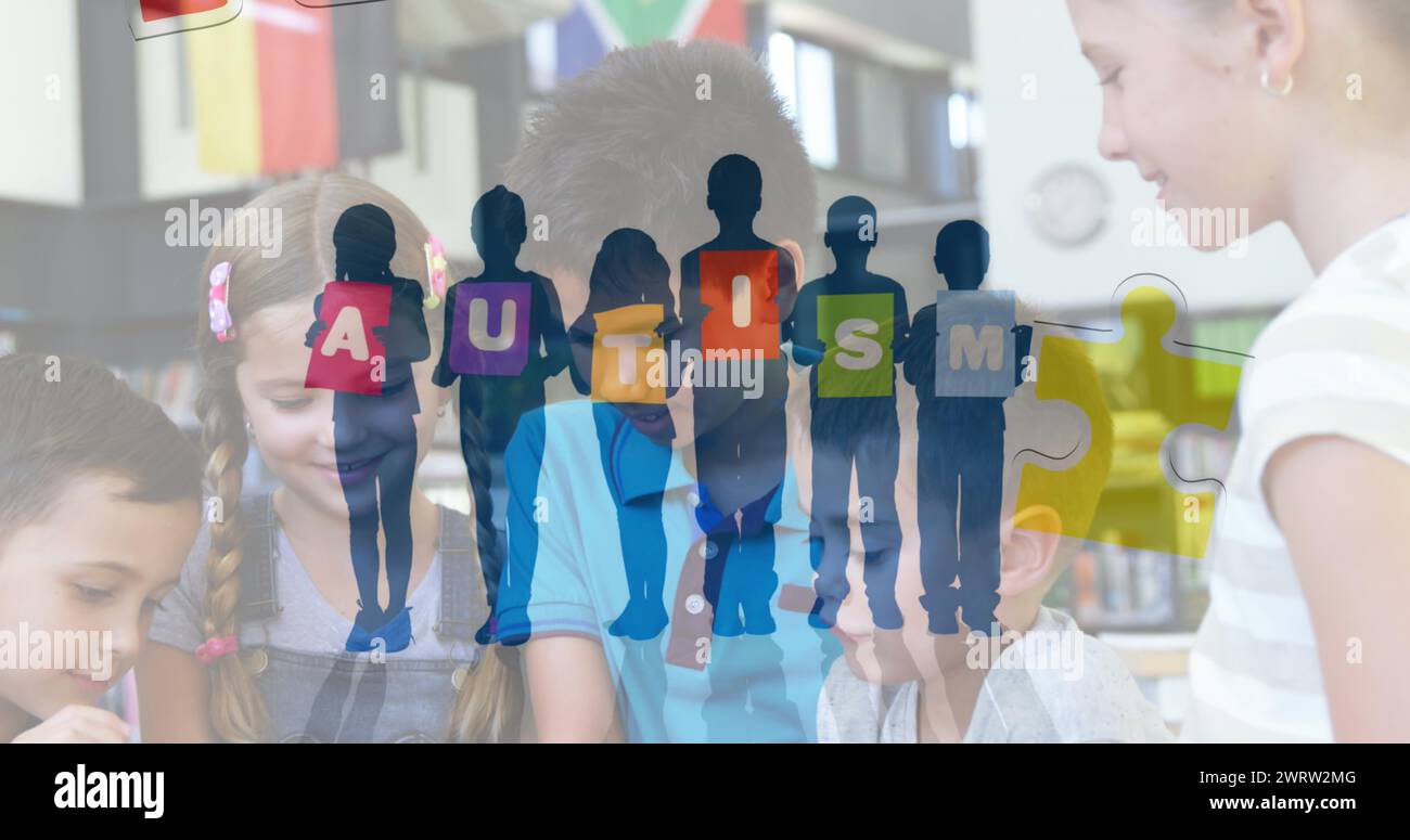 Image of colourful puzzle pieces and autism text over kids friends ...