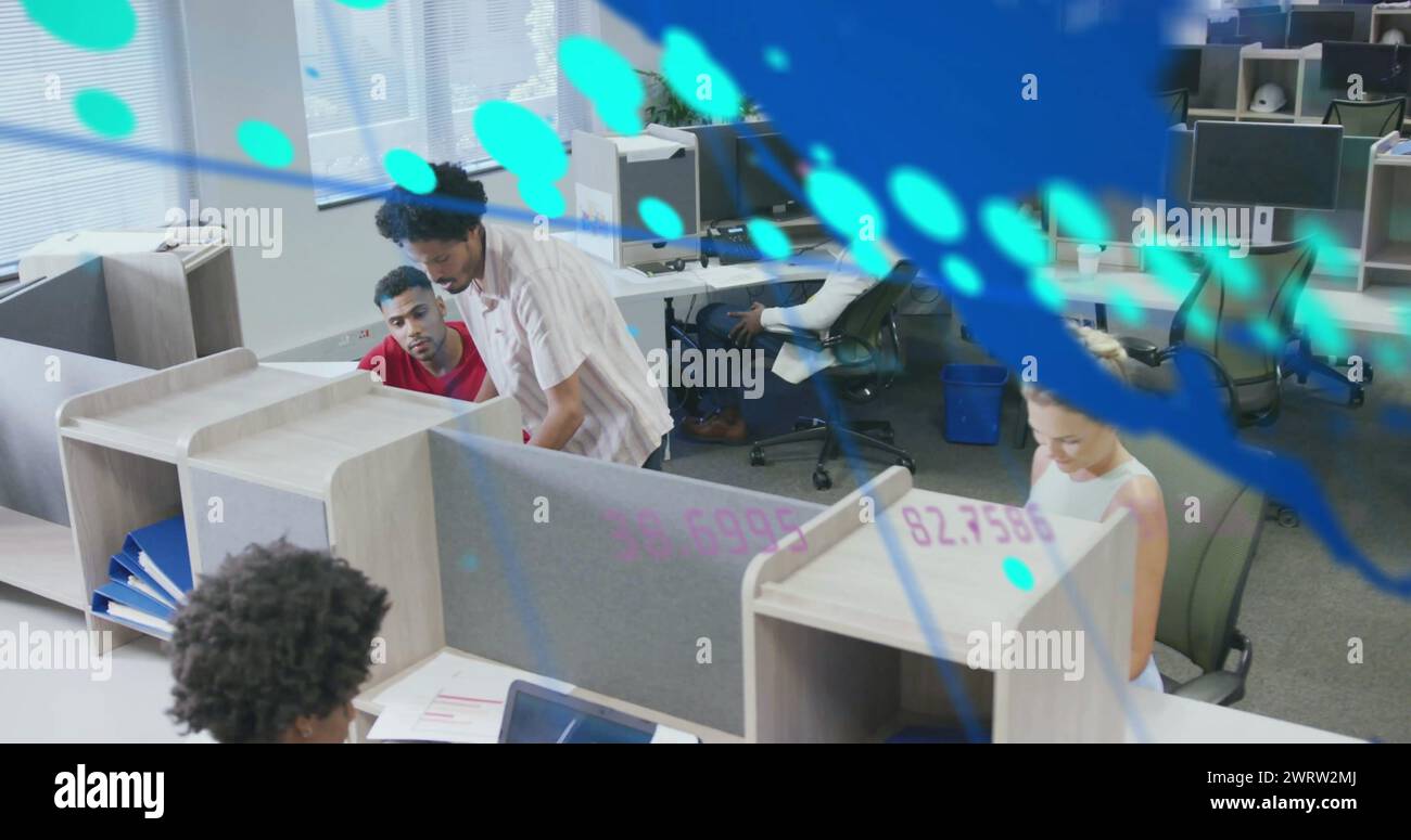 Image of graphs, changing numbers, map and computer language, diverse coworkers sharing ideas ...