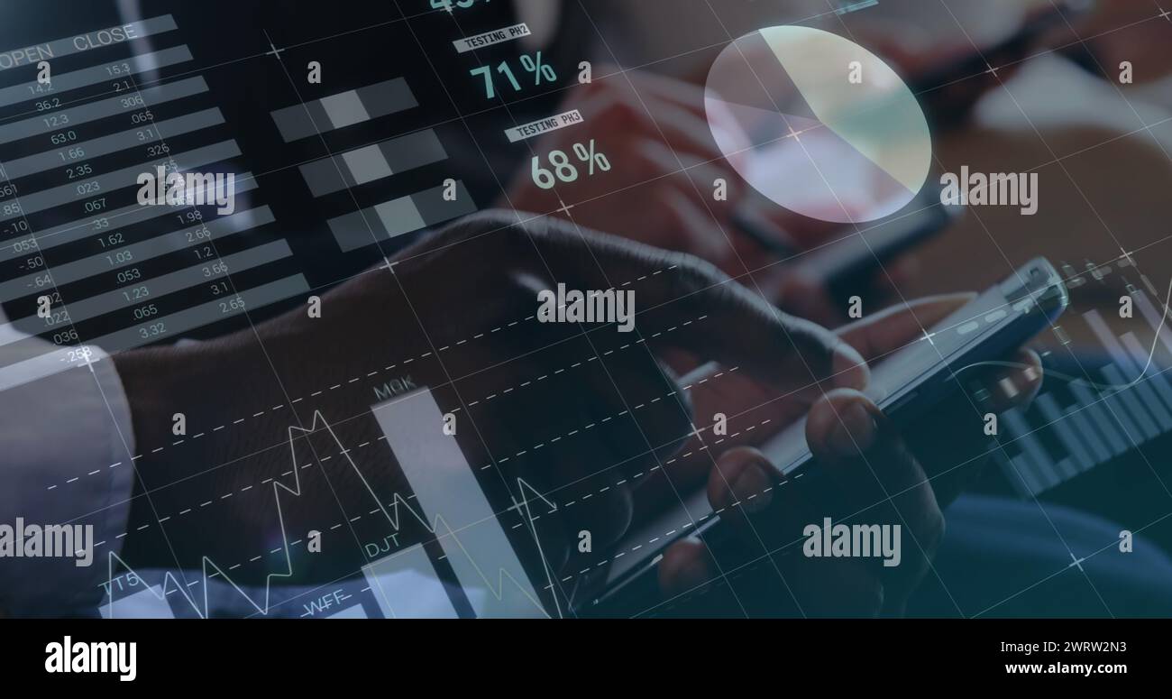 Digital composite of diverse people using smart phones while graphs ...