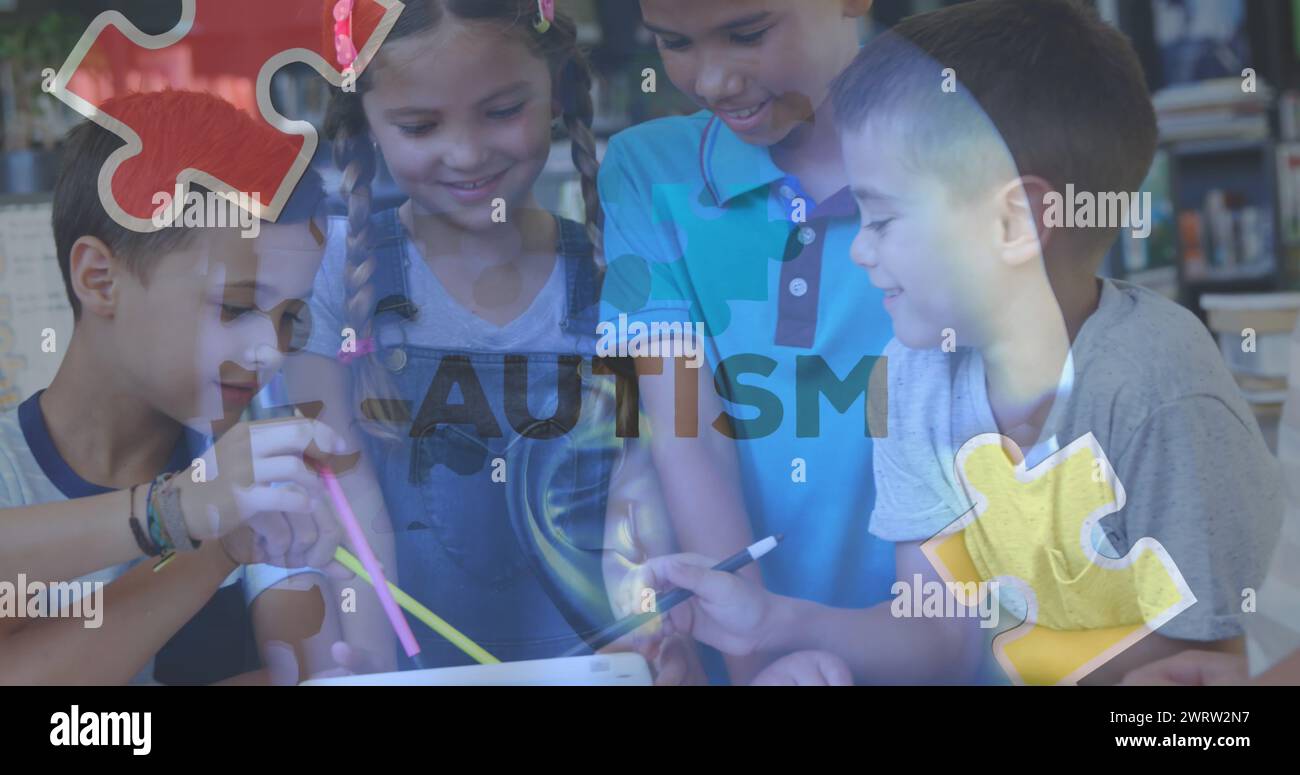 Image of colourful puzzle pieces and autism text over kids friends ...