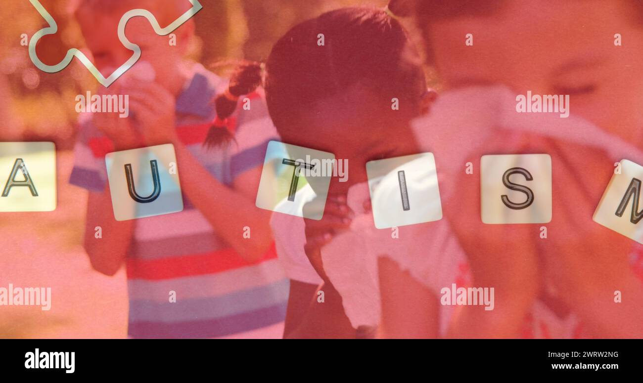 Image of colourful puzzle pieces and autism text over kids friends ...